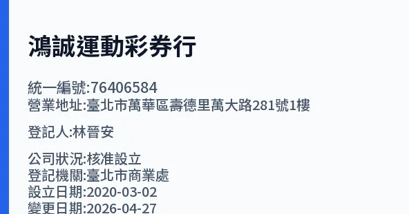 鴻誠運動彩券行的照片-統編 76406584(臺北市) 公司登記資料與營業項目詳細圖表