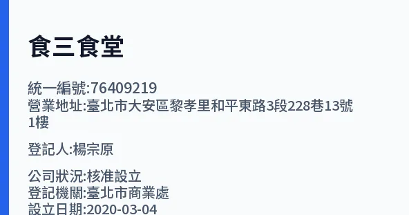 食三食堂的照片-統編 76409219(臺北市) 公司登記資料與營業項目詳細圖表