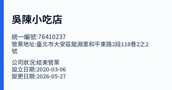吳陳小吃店的照片-統編 76410237(臺北市) 公司登記資料與營業項目詳細圖表
