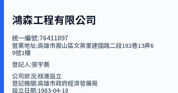 鴻森工程有限公司的照片-統編 76411897(高雄市) 公司登記資料與營業項目詳細圖表
