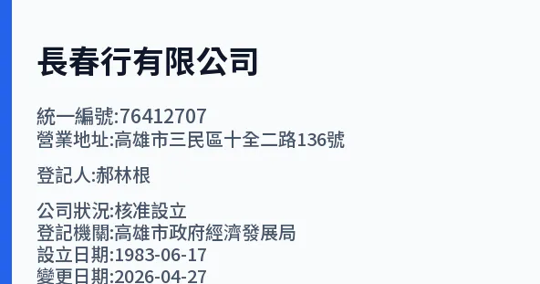 長春行有限公司的照片-統編 76412707(高雄市) 公司登記資料與營業項目詳細圖表