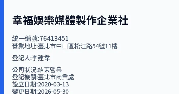 幸福娛樂媒體製作企業社的照片-統編 76413451(臺北市) 公司登記資料與營業項目詳細圖表