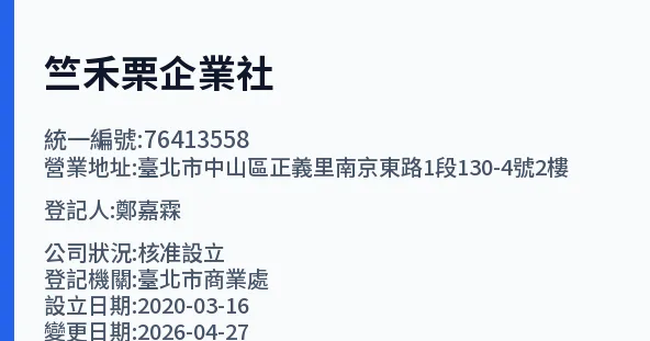 竺禾栗企業社的照片-統編 76413558(臺北市) 公司登記資料與營業項目詳細圖表