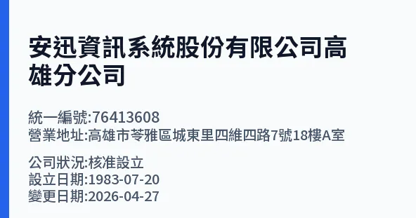 安迅資訊系統股份有限公司高雄分公司的照片-統編 76413608(高雄市) 公司登記資料與營業項目詳細圖表