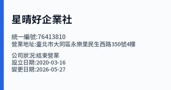 星晴好企業社的照片-統編 76413810(臺北市) 公司登記資料與營業項目詳細圖表