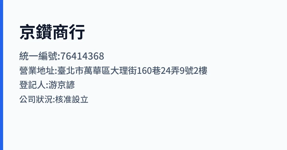 京鑽商行 - 統編 76414368(臺北市) 公司登記資料與營業項目詳細圖表