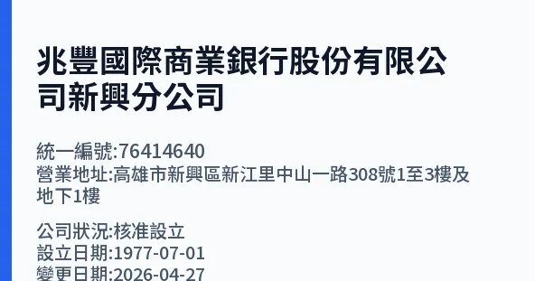兆豐國際商業銀行股份有限公司新興分公司的照片-統編 76414640(高雄市) 公司登記資料與營業項目詳細圖表