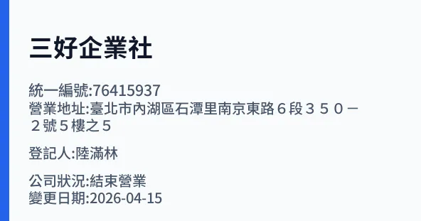 三好企業社的照片-統編 76415937(臺北市) 公司登記資料與營業項目詳細圖表