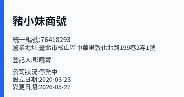 豬小妹商號的照片-統編 76418293(臺北市) 公司登記資料與營業項目詳細圖表