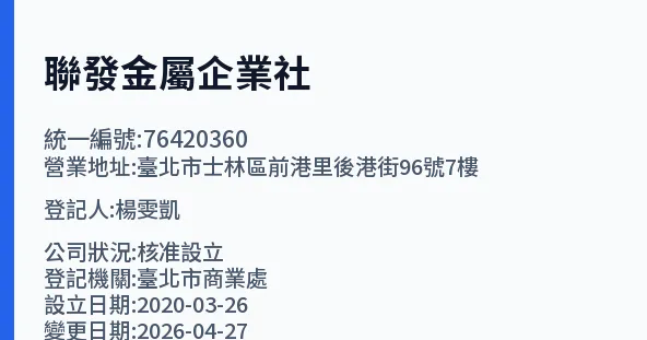 聯發金屬企業社的照片-統編 76420360(臺北市) 公司登記資料與營業項目詳細圖表