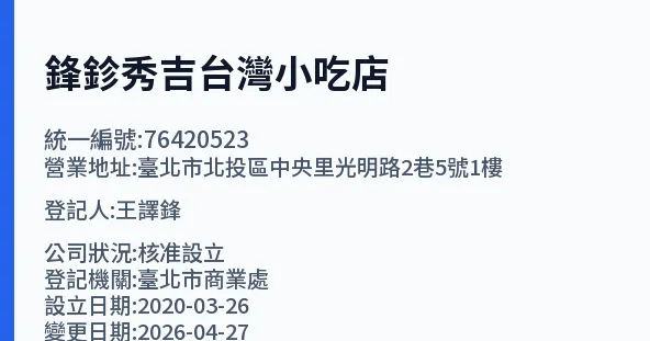 鋒鉁秀吉台灣小吃店的照片-統編 76420523(臺北市) 公司登記資料與營業項目詳細圖表