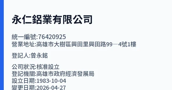 永仁鋁業有限公司的照片-統編 76420925(高雄市) 公司登記資料與營業項目詳細圖表