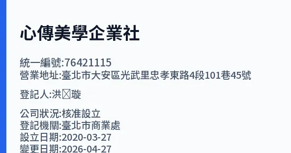 心傳美學企業社的照片-統編 76421115(臺北市) 公司登記資料與營業項目詳細圖表