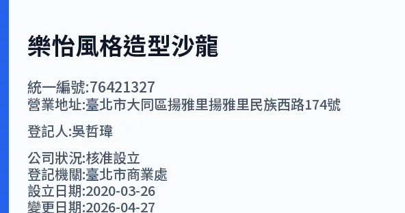 樂怡風格造型沙龍的照片-統編 76421327(臺北市) 公司登記資料與營業項目詳細圖表