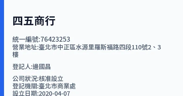 四五商行的照片-統編 76423253(臺北市) 公司登記資料與營業項目詳細圖表