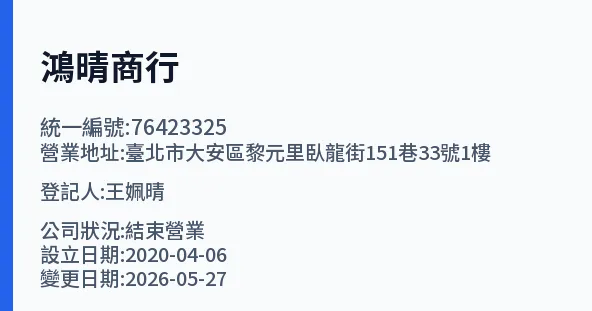 鴻晴商行的照片-統編 76423325(臺北市) 公司登記資料與營業項目詳細圖表