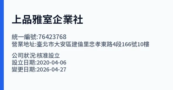 上品雅室企業社的照片-統編 76423768(臺北市) 公司登記資料與營業項目詳細圖表