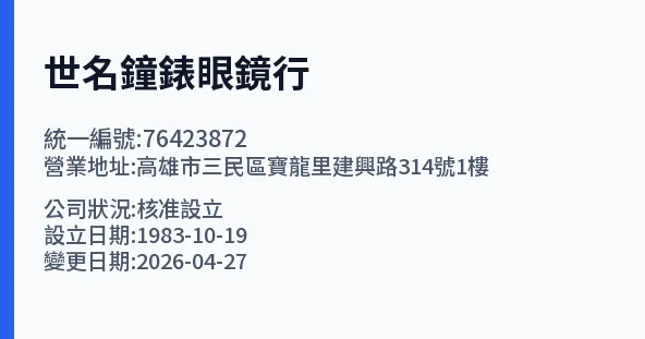 世名鐘錶眼鏡行的照片-統編 76423872(高雄市) 公司登記資料與營業項目詳細圖表