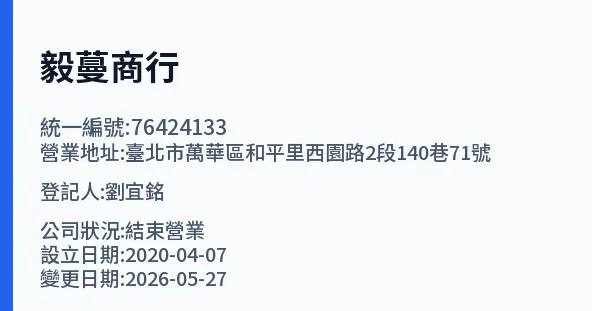 毅蔓商行的照片-統編 76424133(臺北市) 公司登記資料與營業項目詳細圖表