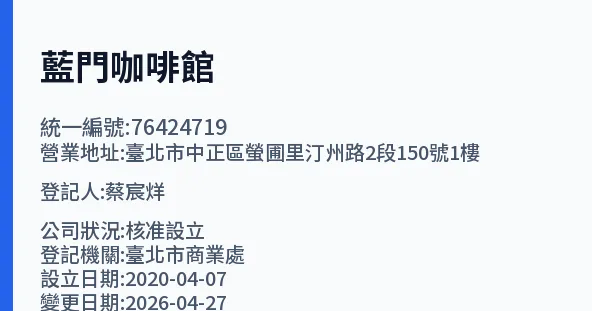 藍門咖啡館的照片-統編 76424719(臺北市) 公司登記資料與營業項目詳細圖表