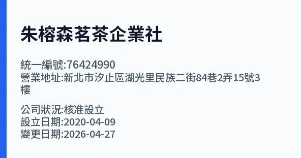 朱榕森茗茶企業社的照片-統編 76424990(新北市) 公司登記資料與營業項目詳細圖表