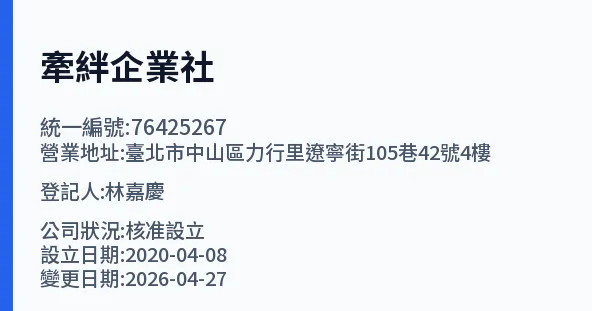 牽絆企業社的照片-統編 76425267(臺北市) 公司登記資料與營業項目詳細圖表