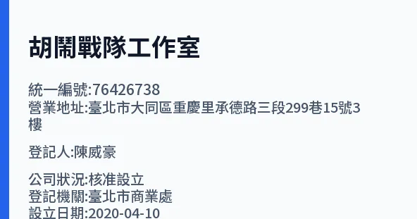胡鬧戰隊工作室的照片-統編 76426738(臺北市) 公司登記資料與營業項目詳細圖表