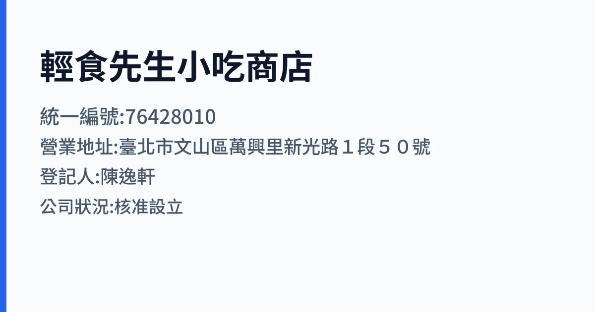 輕食先生小吃商店 - 統編 76428010(臺北市) 公司登記資料與營業項目詳細圖表