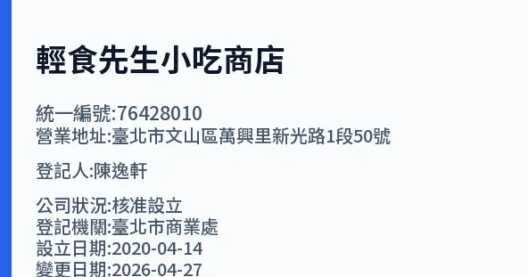 輕食先生小吃商店的照片-統編 76428010(臺北市) 公司登記資料與營業項目詳細圖表