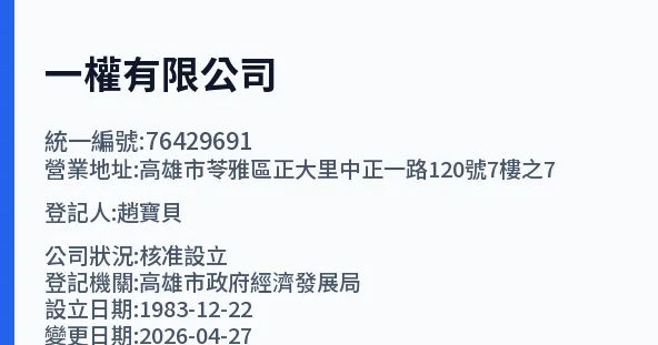 一權有限公司的照片-統編 76429691(高雄市) 公司登記資料與營業項目詳細圖表