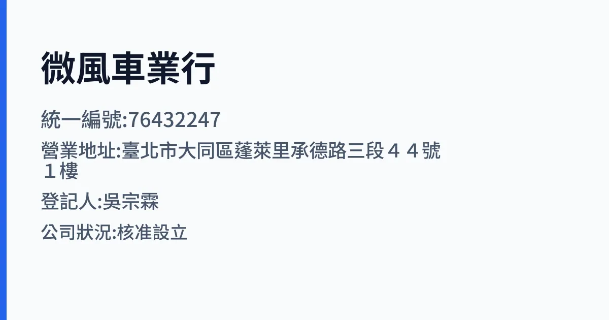 微風車業行 - 統編 76432247(臺北市) 公司登記資料與營業項目詳細圖表