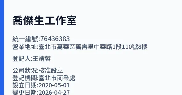 喬傑生工作室的照片-統編 76436383(臺北市) 公司登記資料與營業項目詳細圖表