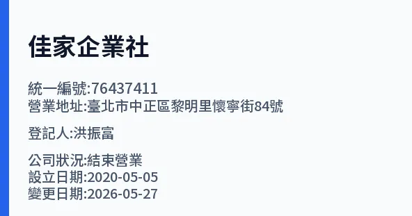 佳家企業社的照片-統編 76437411(臺北市) 公司登記資料與營業項目詳細圖表