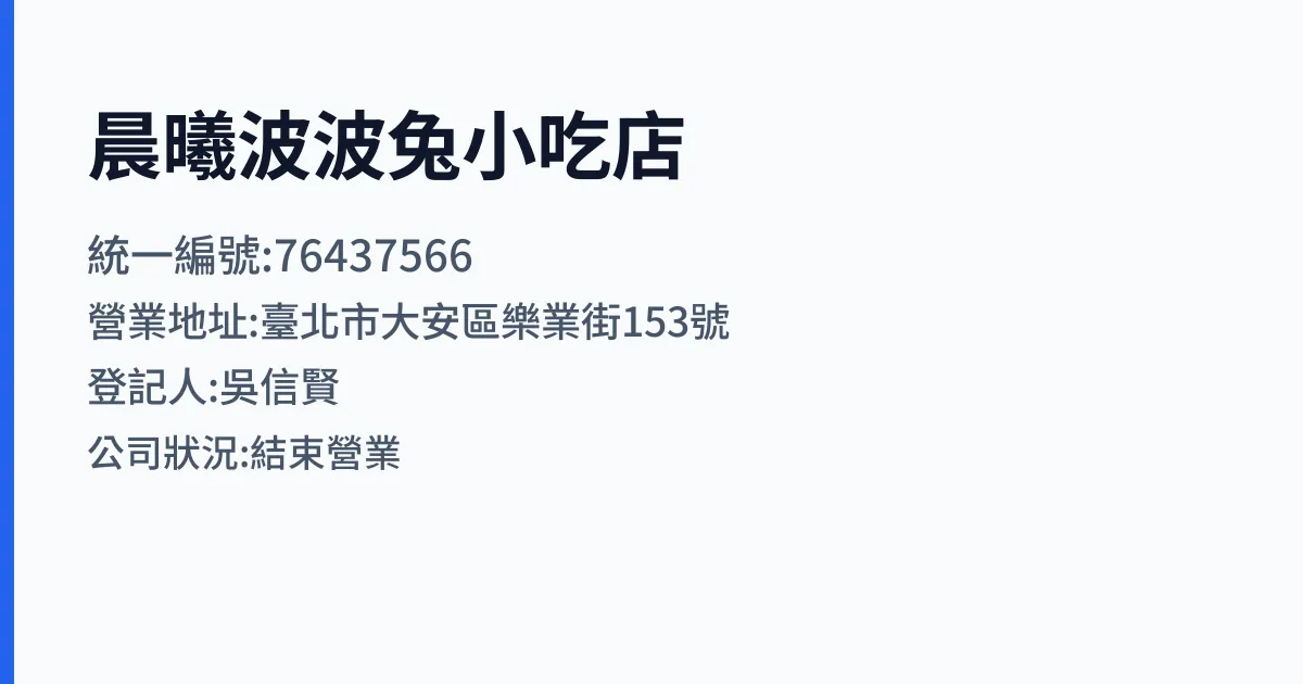 晨曦波波兔小吃店 - 統編 76437566(臺北市) 公司登記資料與營業項目詳細圖表