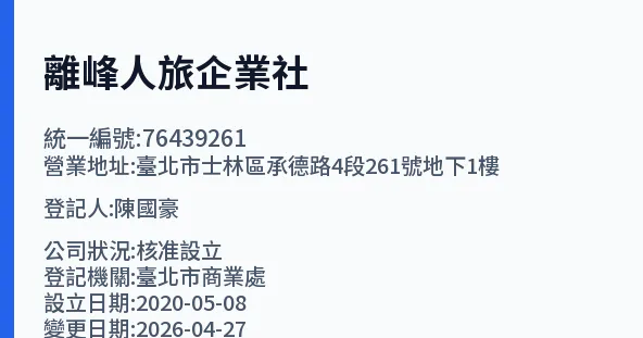 離峰人旅企業社的照片-統編 76439261(臺北市) 公司登記資料與營業項目詳細圖表