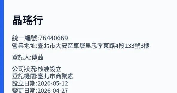 晶瑤行的照片-統編 76440669(臺北市) 公司登記資料與營業項目詳細圖表