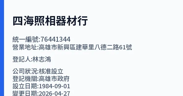 四海照相器材行的照片-統編 76441344(高雄市) 公司登記資料與營業項目詳細圖表