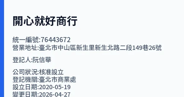 開心就好商行的照片-統編 76443672(臺北市) 公司登記資料與營業項目詳細圖表