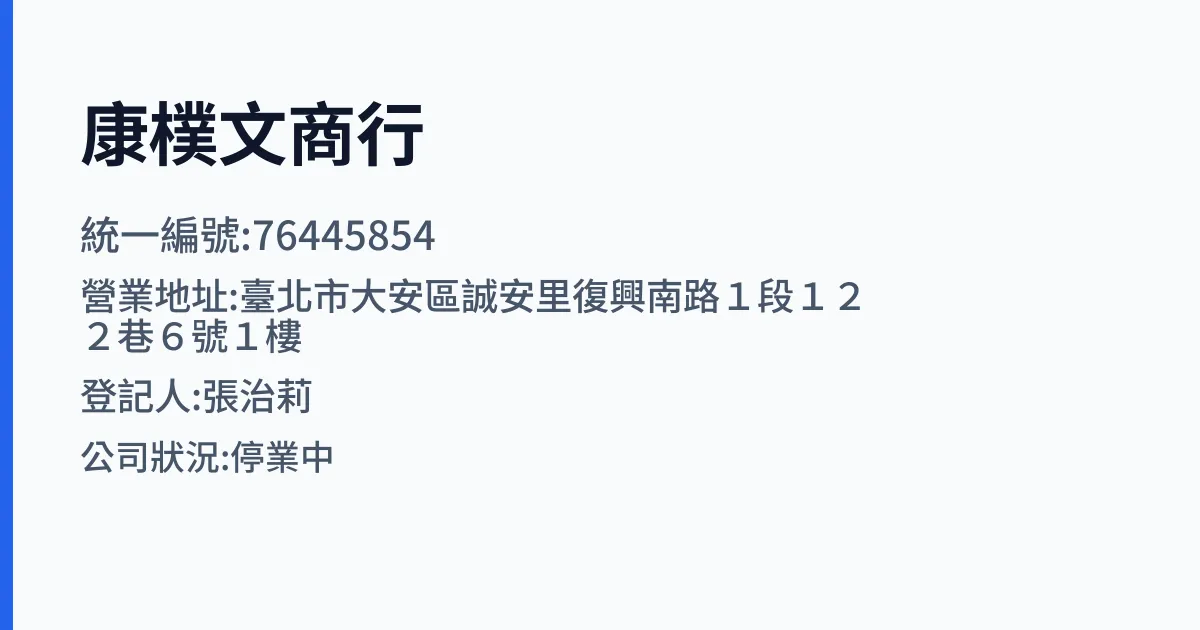 康樸文商行 - 統編 76445854(臺北市) 公司登記資料與營業項目詳細圖表