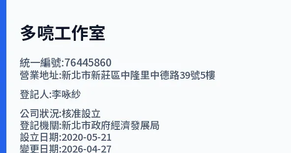 多喨工作室的照片-統編 76445860(新北市) 公司登記資料與營業項目詳細圖表