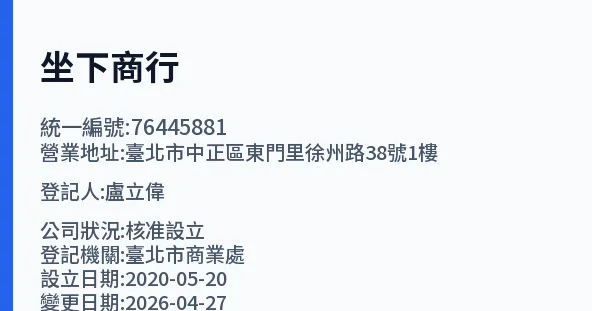 坐下商行的照片-統編 76445881(臺北市) 公司登記資料與營業項目詳細圖表