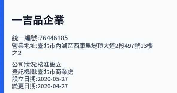 一吉品企業的照片-統編 76446185(臺北市) 公司登記資料與營業項目詳細圖表