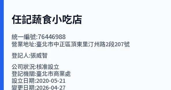 任記蔬食小吃店的照片-統編 76446988(臺北市) 公司登記資料與營業項目詳細圖表
