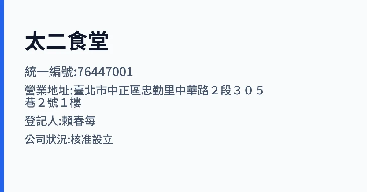 太二食堂 - 統編 76447001(臺北市) 公司登記資料與營業項目詳細圖表
