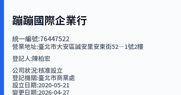 蹦蹦國際企業行的照片-統編 76447522(臺北市) 公司登記資料與營業項目詳細圖表