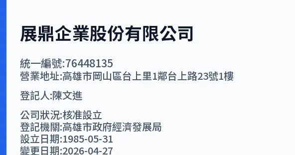 展鼎企業股份有限公司的照片-統編 76448135(高雄市) 公司登記資料與營業項目詳細圖表