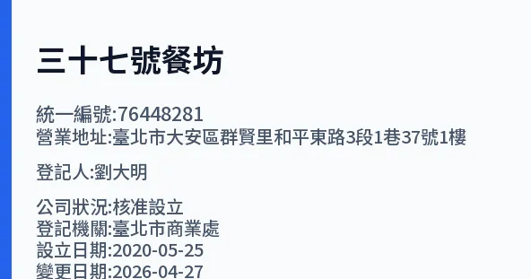 三十七號餐坊的照片-統編 76448281(臺北市) 公司登記資料與營業項目詳細圖表