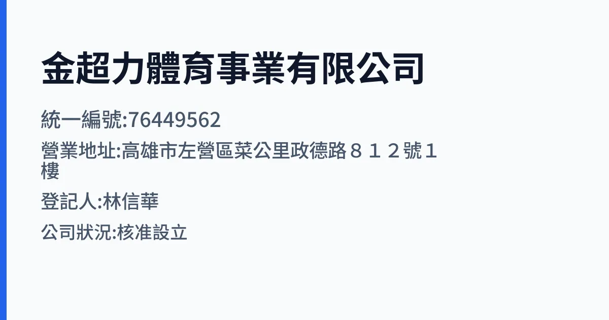 金超力體育事業有限公司 - 統編 76449562(高雄市) 公司登記資料與營業項目詳細圖表