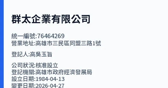 群太企業有限公司的照片-統編 76464269(高雄市) 公司登記資料與營業項目詳細圖表
