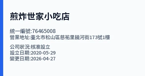 煎炸世家小吃店的照片-統編 76465008(臺北市) 公司登記資料與營業項目詳細圖表